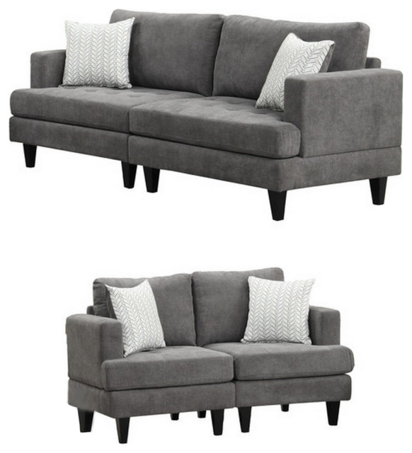 Lae 2 Piece Sofa and Loveseat Set, 4 Throw Pillows, Tufted, Gray ...