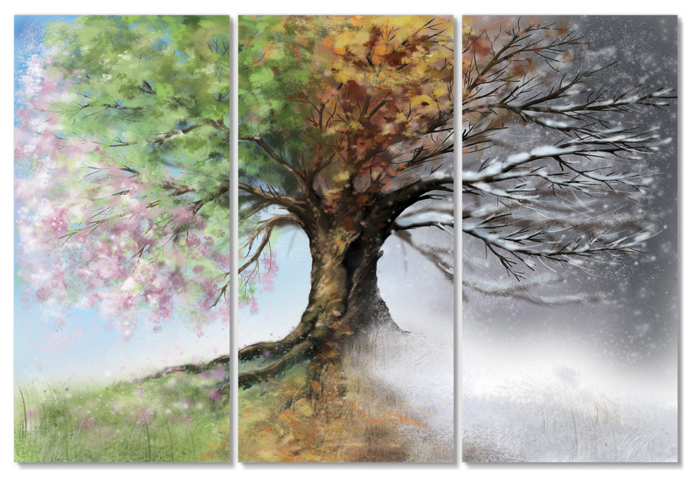 "Tree With Four Seasons" Tree Painting Canvas Art Print, 3 Panels, 36 ...