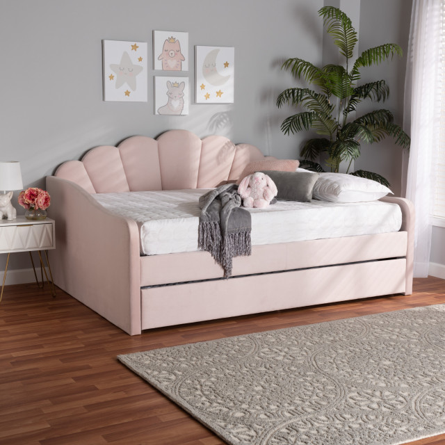 Timila Light Pink Velvet Fabric Upholstered Queen Size Daybed with ...