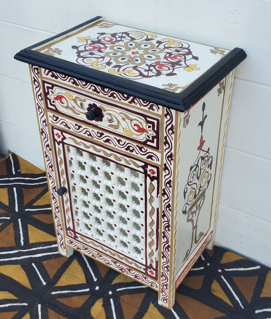 Moroccan Hand Painted Wooden Musharabi Beige Nightstand - Mediterranean ...