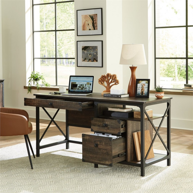Pemberly Row Contemporary Computer Desk in Engineered Wood-Carbon Oak ...