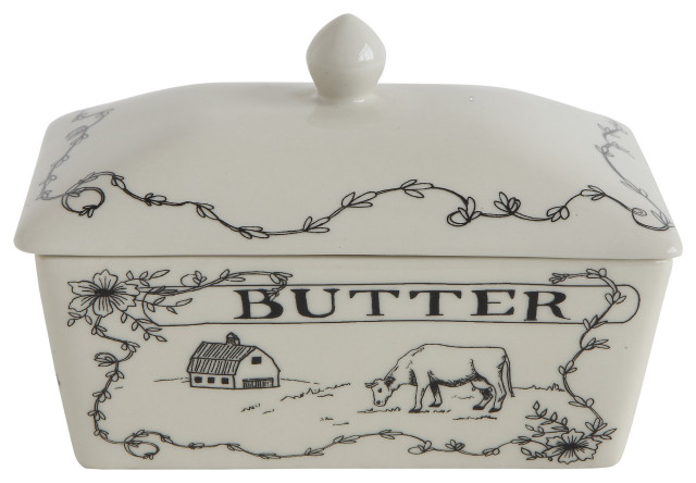 Country Style White/Black Stoneware Butter Dish With Lid - Transitional ...
