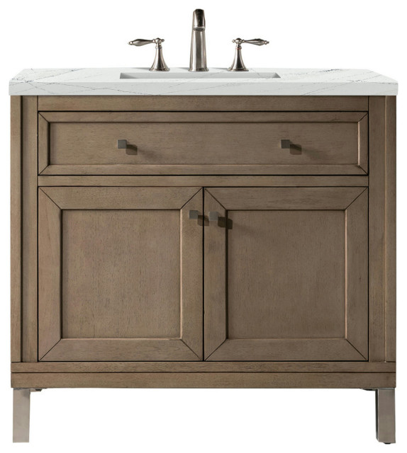 Chicago 36" Single Vanity, Whitewashed Walnut w/ 3 CM Ethereal Noctis ...