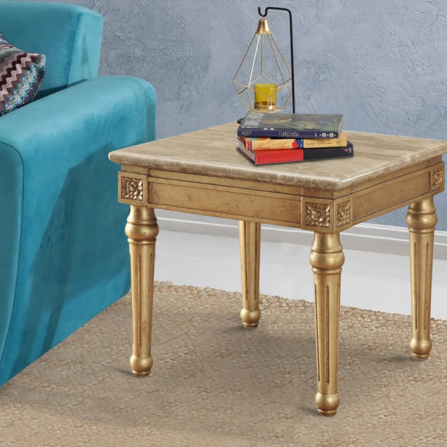 Traditional End Table, Fluted Golden Legs With Floral Motif & Elegant ...