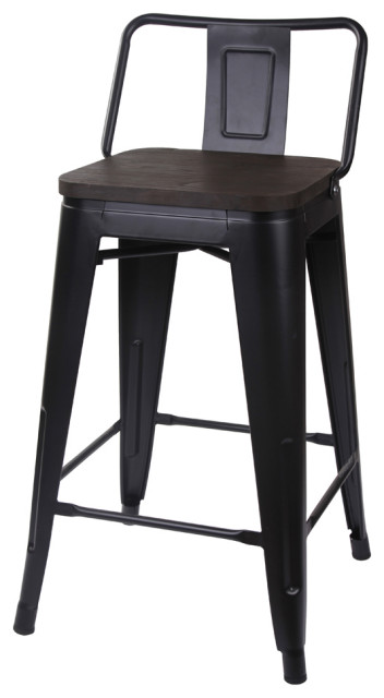Lowback Black Metal Bar Stools, Dark Wooden Seat, Set of 1 - Industrial ...