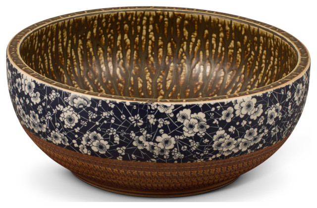 14in Blue and White Cherry Blossom Motif Oriental Porcelain Basin ...