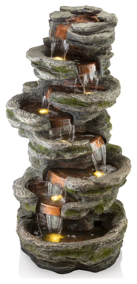 58" Tall Outdoor 8-Tier Rainforest Rock Water Fountain With LED Lights ...
