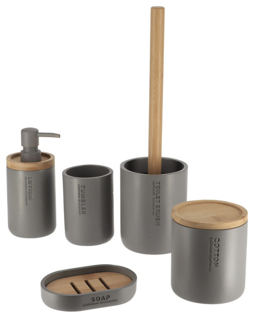 Refined Bathroom Essentials Set With Natural Bamboo - Transitional ...
