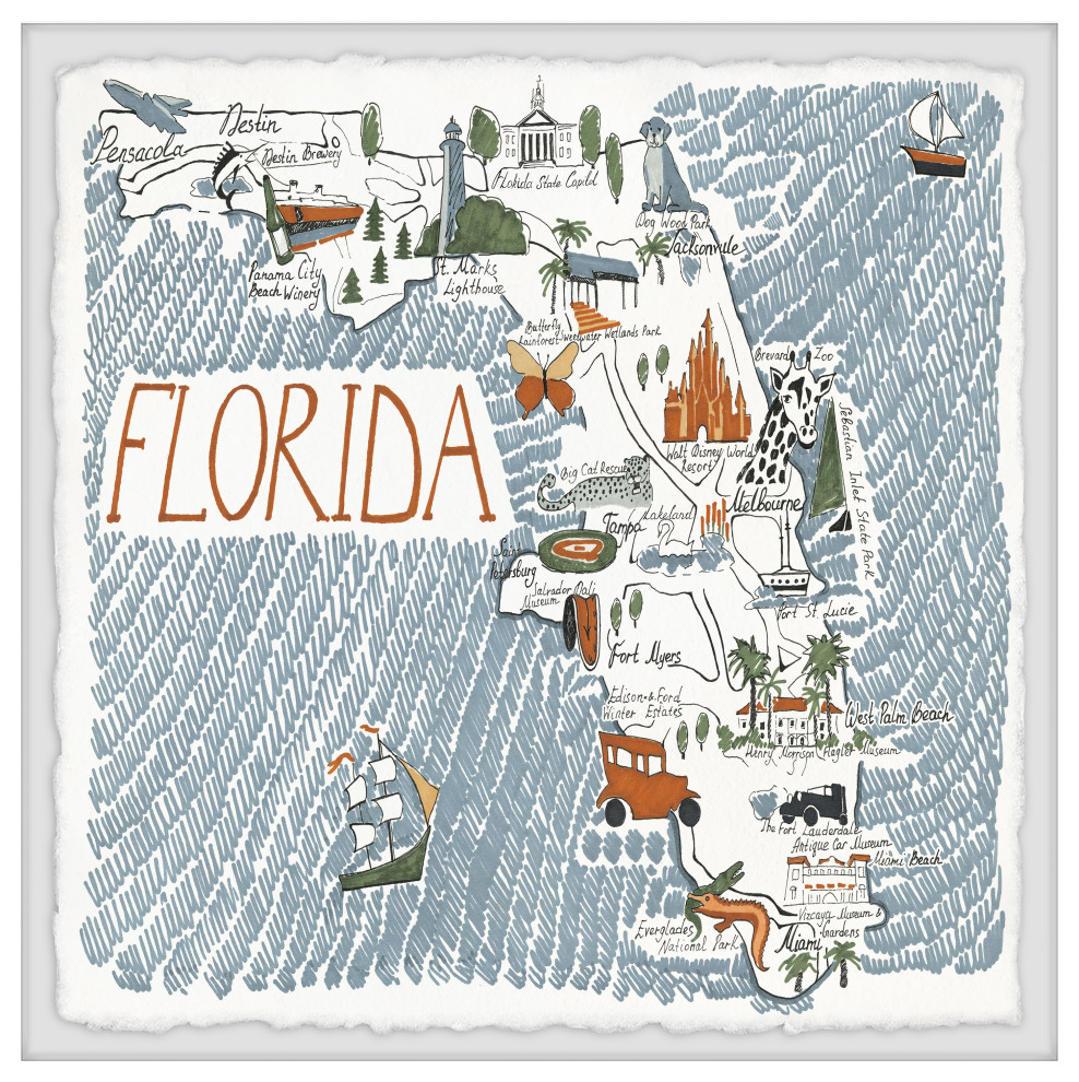 "Florida Illustrated Map II" Framed Painting Print, 12x12 ...