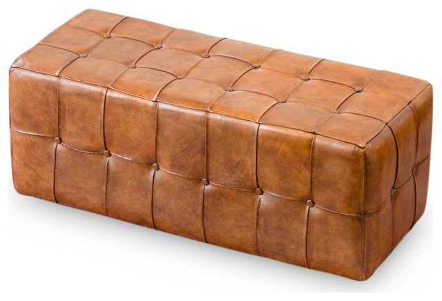 Bunta Mid-Century Modern Rectangular Genuine Leather Bench/Ottoman, Tan ...
