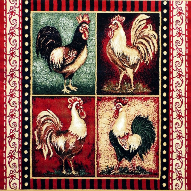 Angie Collection Rectangle 4' x 5' Red Rooster Themed Area Rug ...