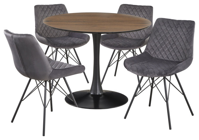 5 Pieces Dining Set, Round Table & Gray Upholstered Chairs With Diamond ...