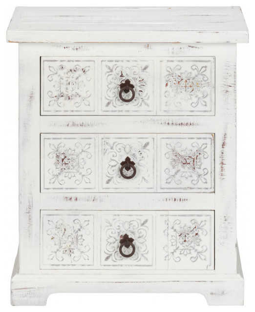 Distressed White Wooden Carved 3 Drawer Cabinet - Farmhouse - Accent ...