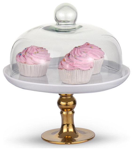 White Cake Plate, Gold Footed Cake Stand,Clear Dome, 9.8" - Traditional ...