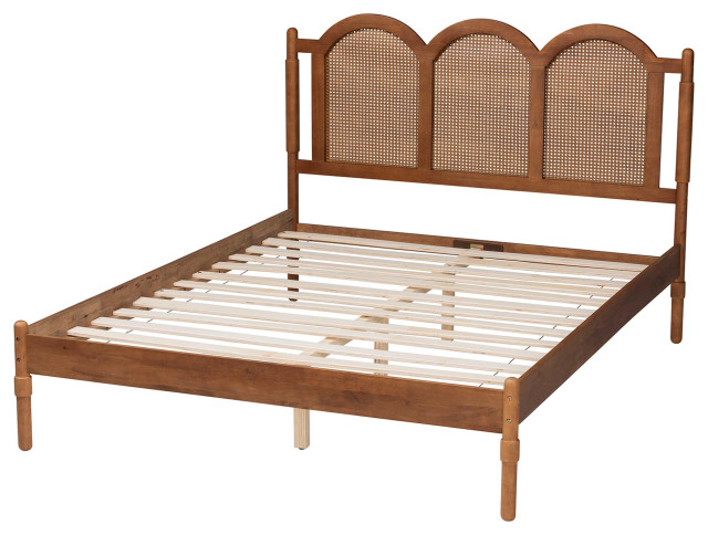 Fiona Walnut Brown Queen Size Platform Bed With Woven Rattan ...
