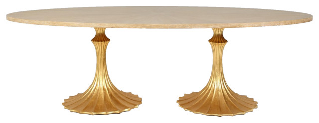 Flute Dining Table, 96" Cerused Oak Oval Top with Gold Leaf Base ...