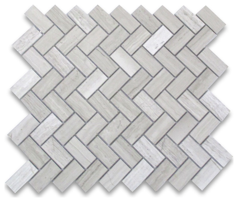 Athens Silver Cream Herringbone Marble Tile Polished 1x2" Haisa Light ...