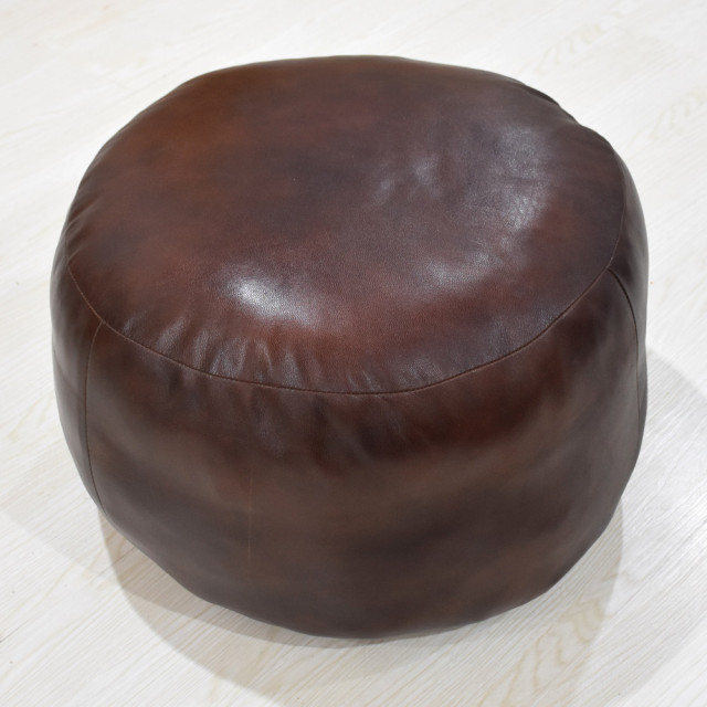 Solid Handmade Leather Pouf (Recycled Cotton Fill), (Round]21x21x12 ...