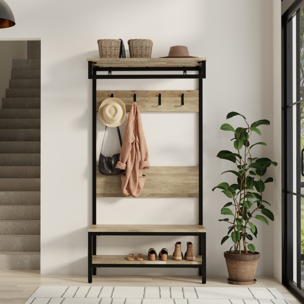 Westmont Solid Mango Wood Entryway Hall Tree Bench - Industrial - Hall ...