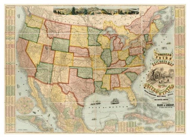 "American Union Railroad Map Of The United States, 1871" Paper Art, 24 ...