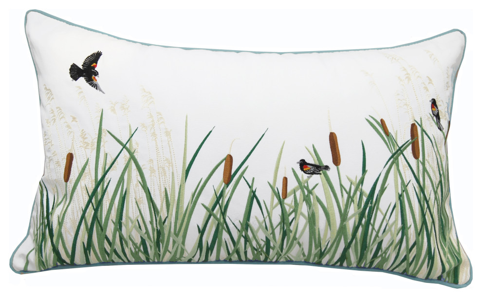 Cattails and Red Winged Blackbird Indoor & Outdoor Pillow - Beach Style ...