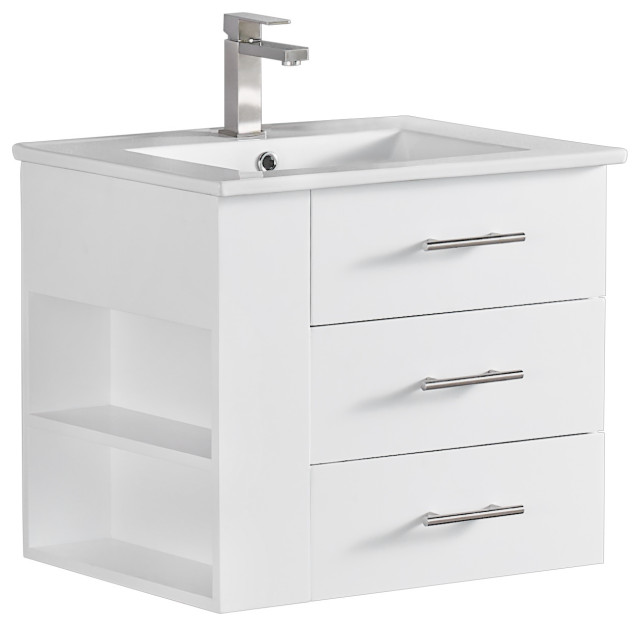 24" Left Side Shelf Vanity Wood Body With Premium White Ceramic (no ...