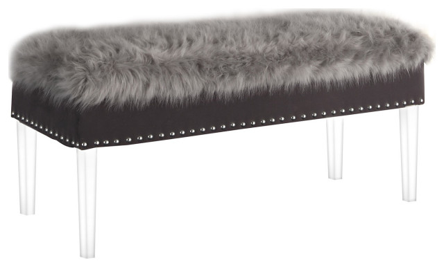 Contemporary Chic Gray Faux Fur and Clear Acrylic Storage Bench ...