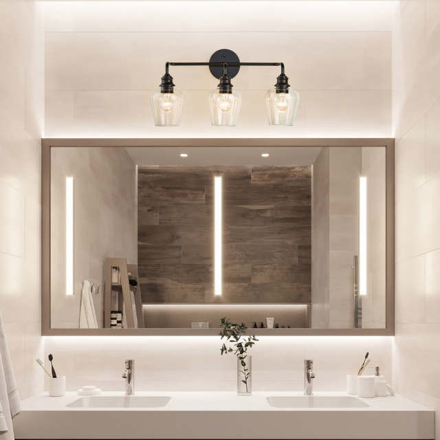 3 Light Fixture Wall Sconce Vanity Light Black Metal and Glass ...