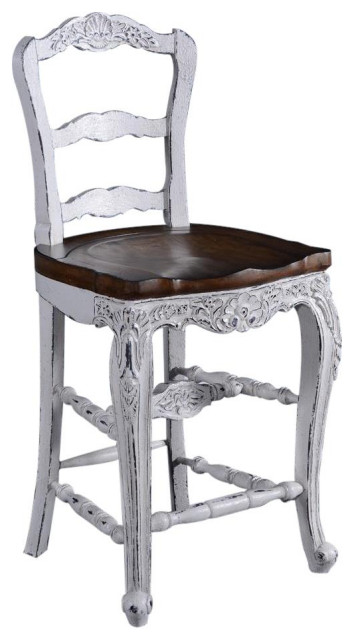 Counter Stool French Country Whitewash Rustic Pecan Floral Carved ...