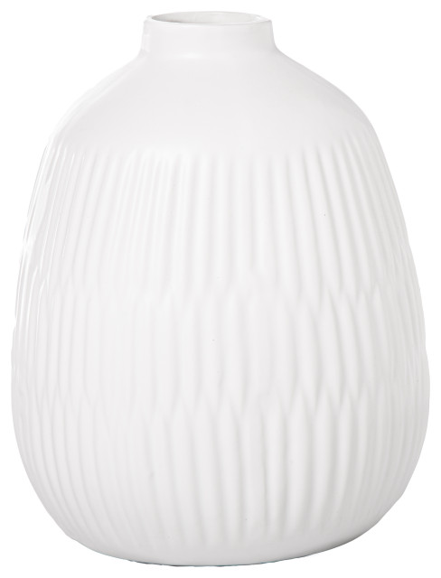 Ceramic Round Vase with Layered Vertical Pattern Design Matte White ...