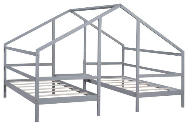 TATEUS Double Twin Size Triangular House Beds with Built-in Table,White ...