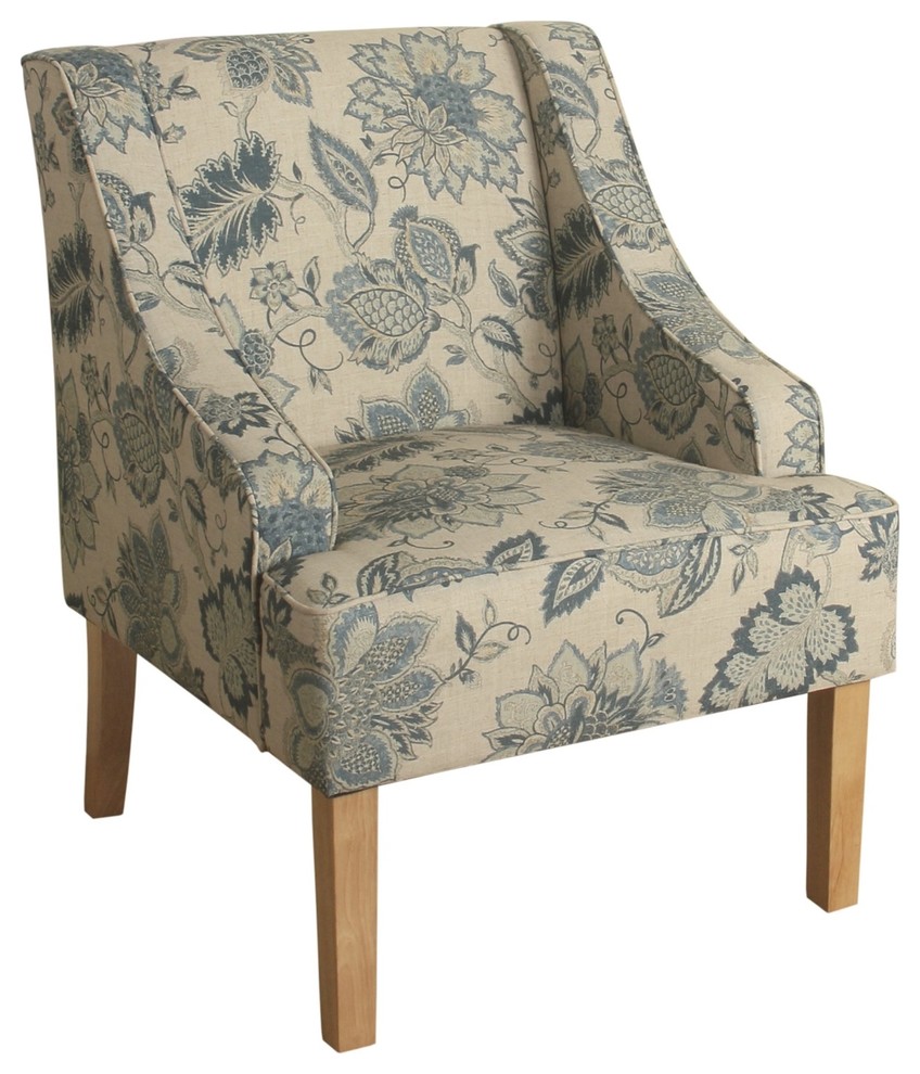 Fabric Upholstered Wooden Accent Chair With Jacobean Pattern, Tan, Blue ...