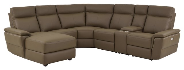 6-Piece Obara Power Sectional w No Power Chair Leather Brown Taupe ...
