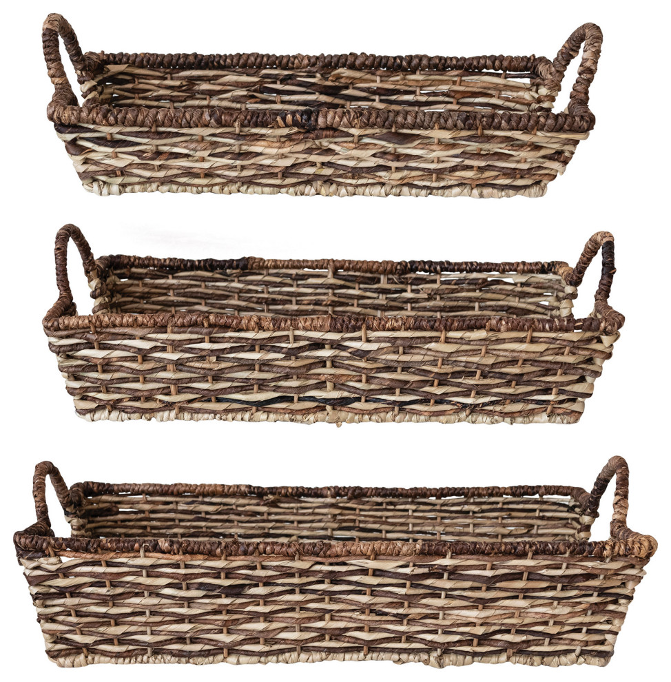 Hand-Woven Buri and Abaca Trays With Handles, Natural and Brown, Set of ...