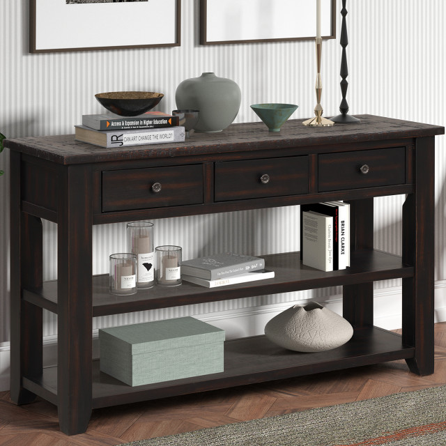 TATEUS 48" Solid Pine Wood Console Table with Storage Drawers ...