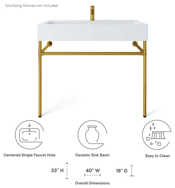 Redeem 40" Wall-Mount Gold Stainless Steel Bathroom Vanity, Gold White ...