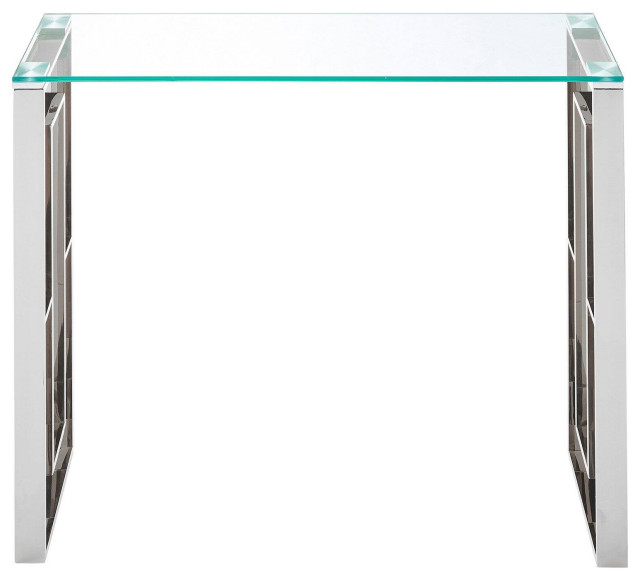 Elegant Console Table, Lattice Accented Stainless Steel Legs & Glass ...