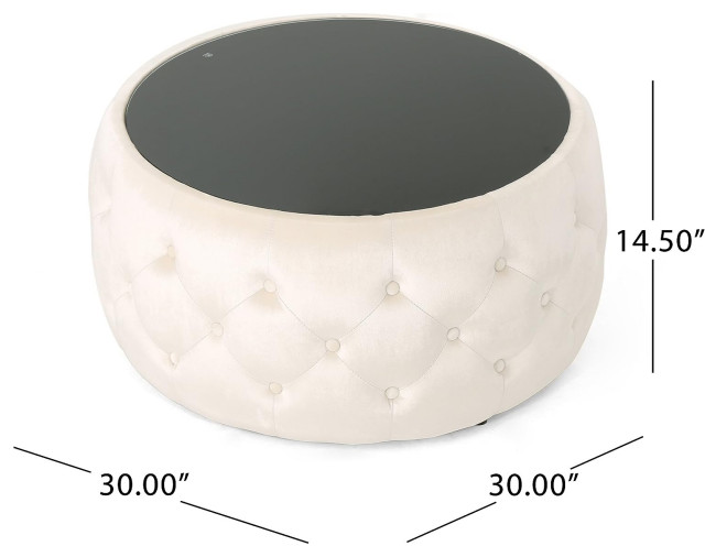 Glam Coffee Table, Button Tufted Velvet Body With Round Black Glass Top ...