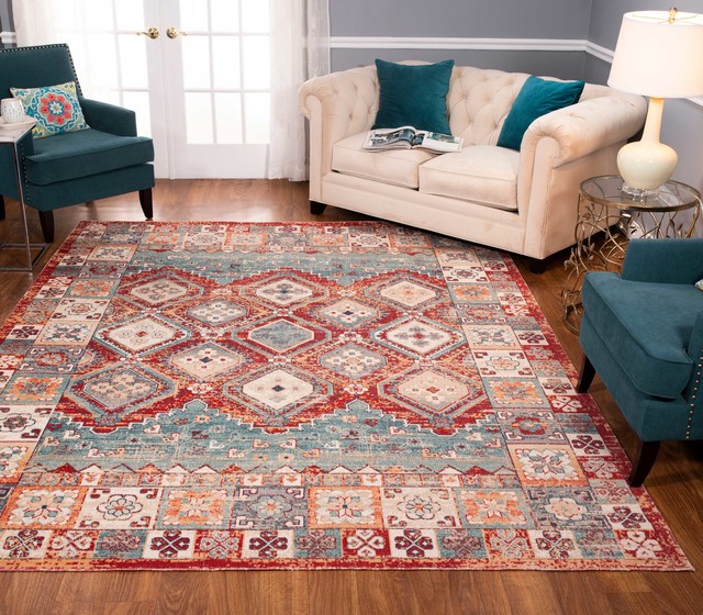 Noori Rug Low-Pile Rivaj Red/Green Rug, 5'3" x 7'6" - Southwestern ...