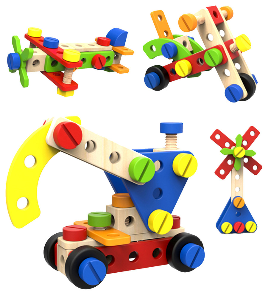 Educational Wooden Construction Builder Set, Multicolor - Contemporary ...