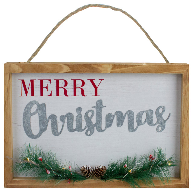 12" LED Lighted 'Merry Christmas' Framed Wall Sign With Pine - Modern ...