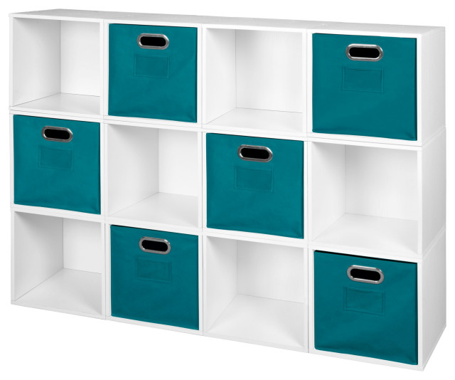 Niche Cubo Storage Set, 12 Cubes and 6 Canvas Bins, White Wood Grain ...