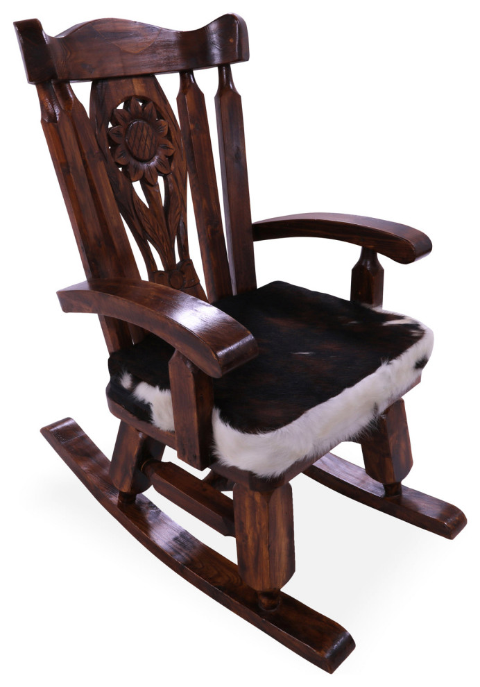 Wooden Rocking Chair Handcarved Back Removable Hair-On Cowhide Pillow ...