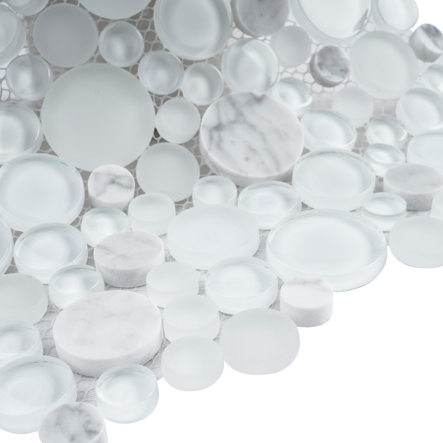 10.5"x10.5" Poppy Bubble Glass Mosaic Tile Sheet, Carrara ...