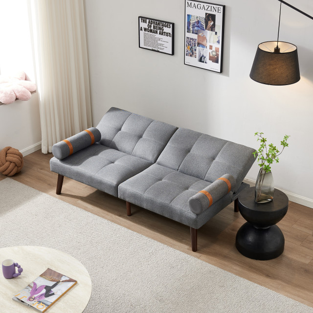 TATEUS Linen Fabric Minimalist Sofa Bed Futon With Solid Wood Legs ...