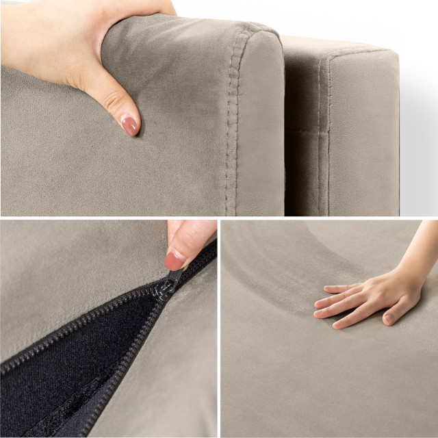 Modern Platform Bed, Latte Velvet Upholstery With Split Panel Headboard ...