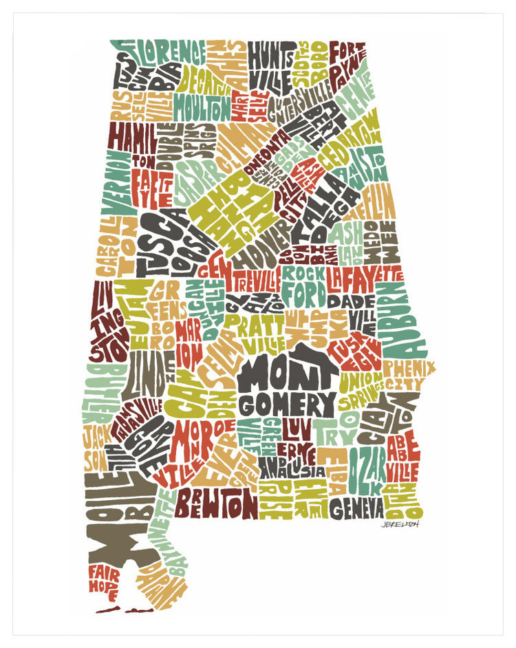Alabama Map Art Print With Cities in Typography - Contemporary - Prints ...