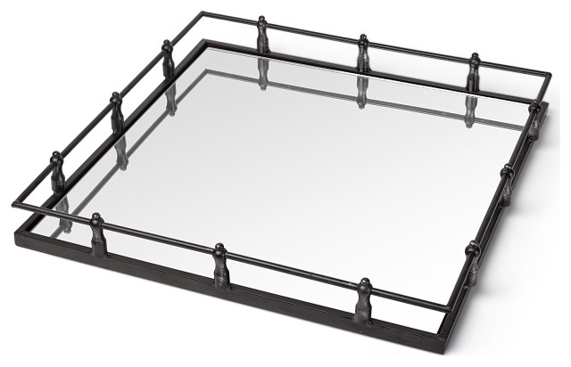 Natural Finish Metal With Mirrored Glass Bottom And Railing Handle Tray ...