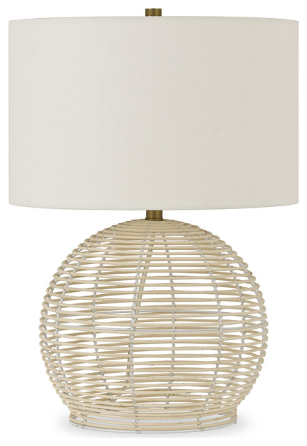 21" Natural Rattan Table Lamp With White Drum Shade - Tropical - Table ...