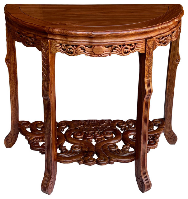 Chinese Brown Flower Carving Wood 2 Half Side Round Pedestal Table ...